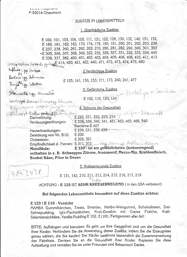 Zusatzstoffe in Lebensmittel (die "e-Nummern"), giftig bis zum Krebs